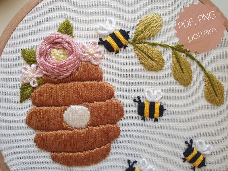 PDF, PNG - Bee Hive Embroidery Pattern - Step by Step Beginner ...