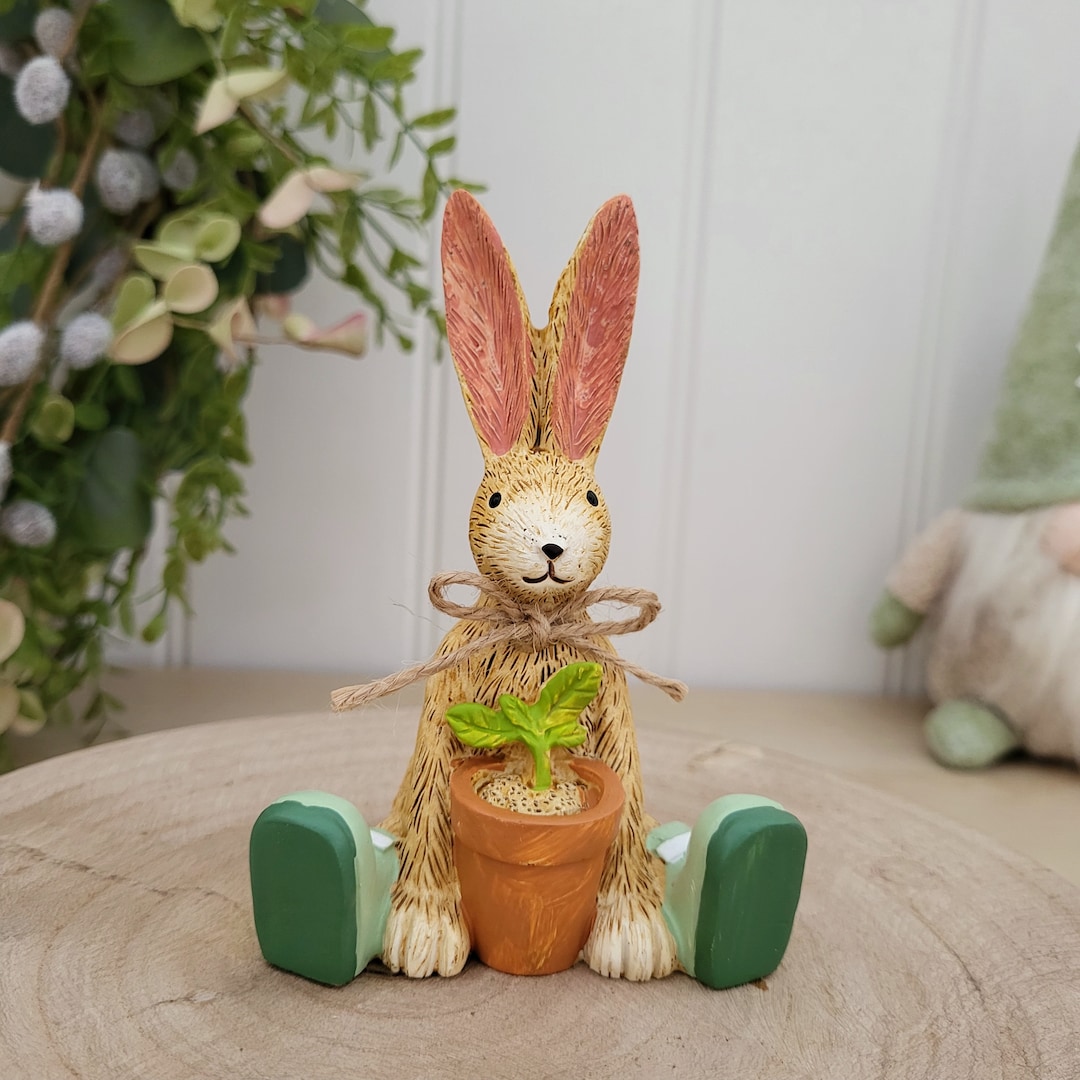 Rabbit Ornament Holding Plant Pot Rabbit Figurine Spring Decor House ...