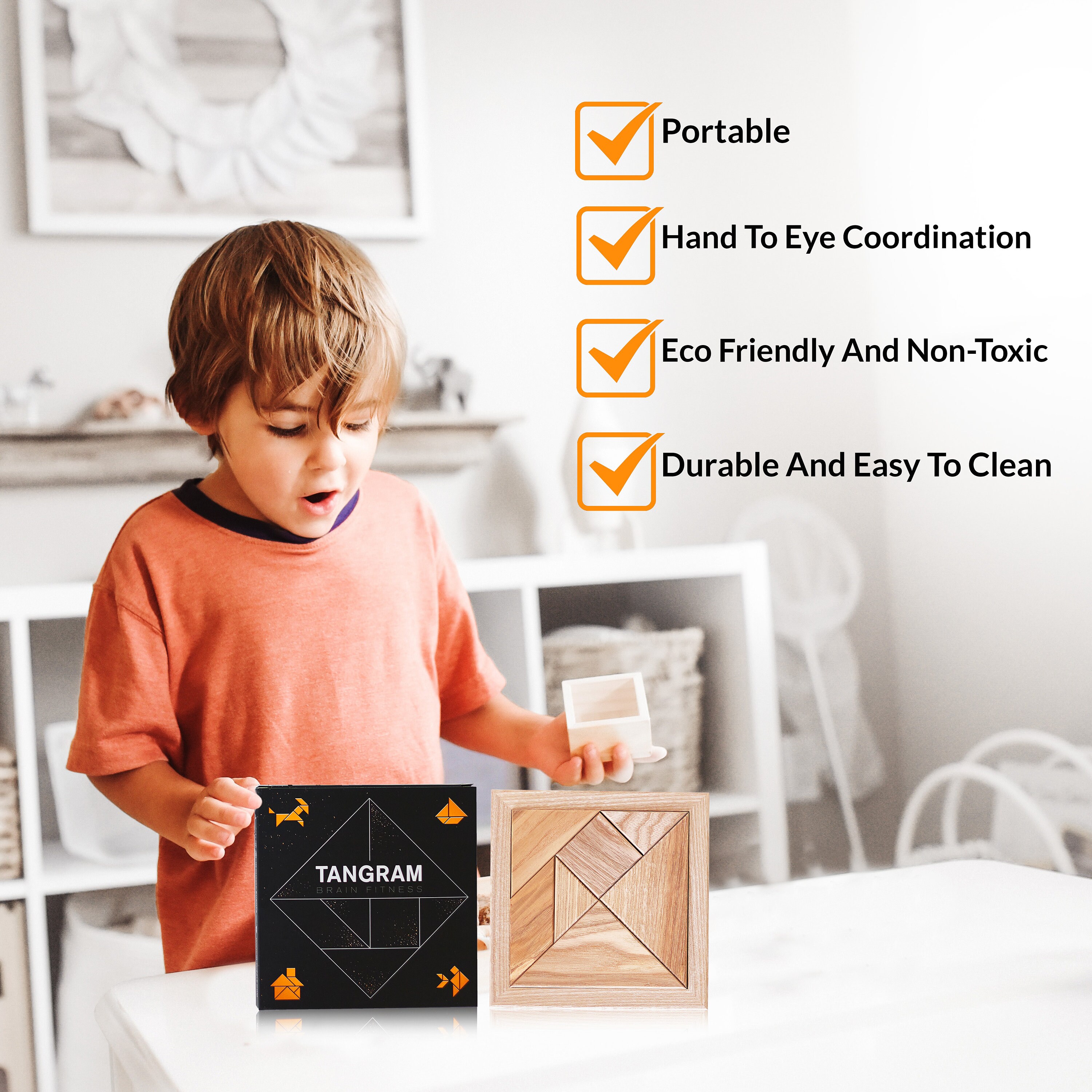 Wooden Tangram Puzzle Set - Geometric Brain Teaser for Kids, IQ Games ...