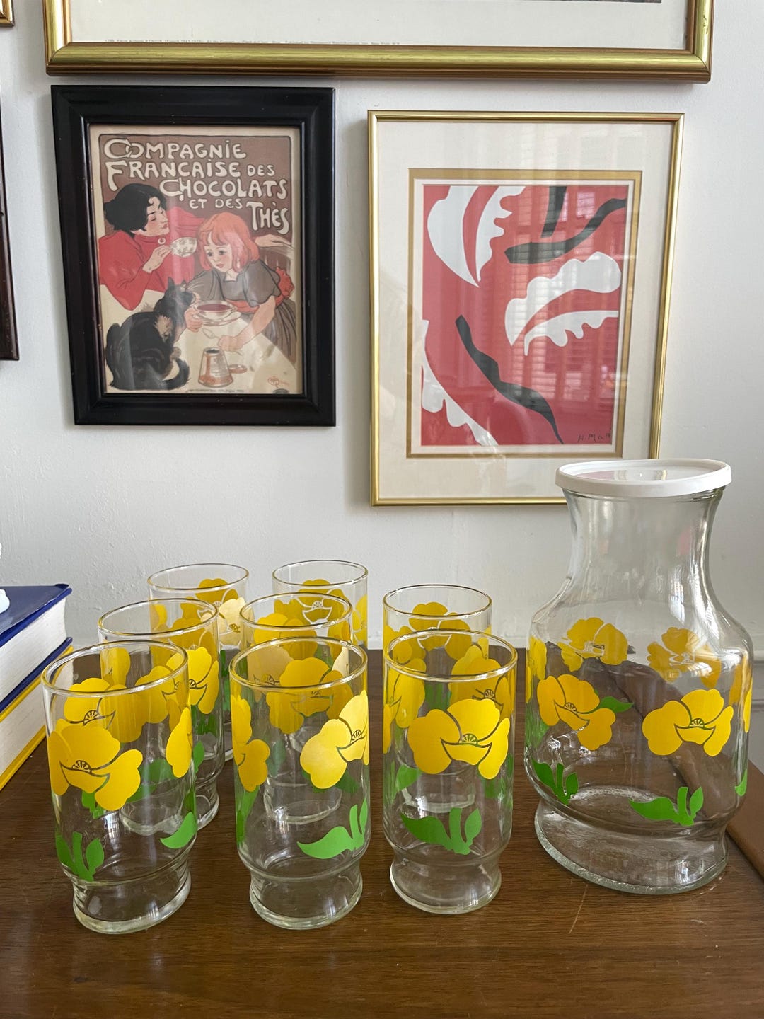Vintage 1970s Anchor Hocking Yellow Foxy Flowers Glassware and Pitcher ...