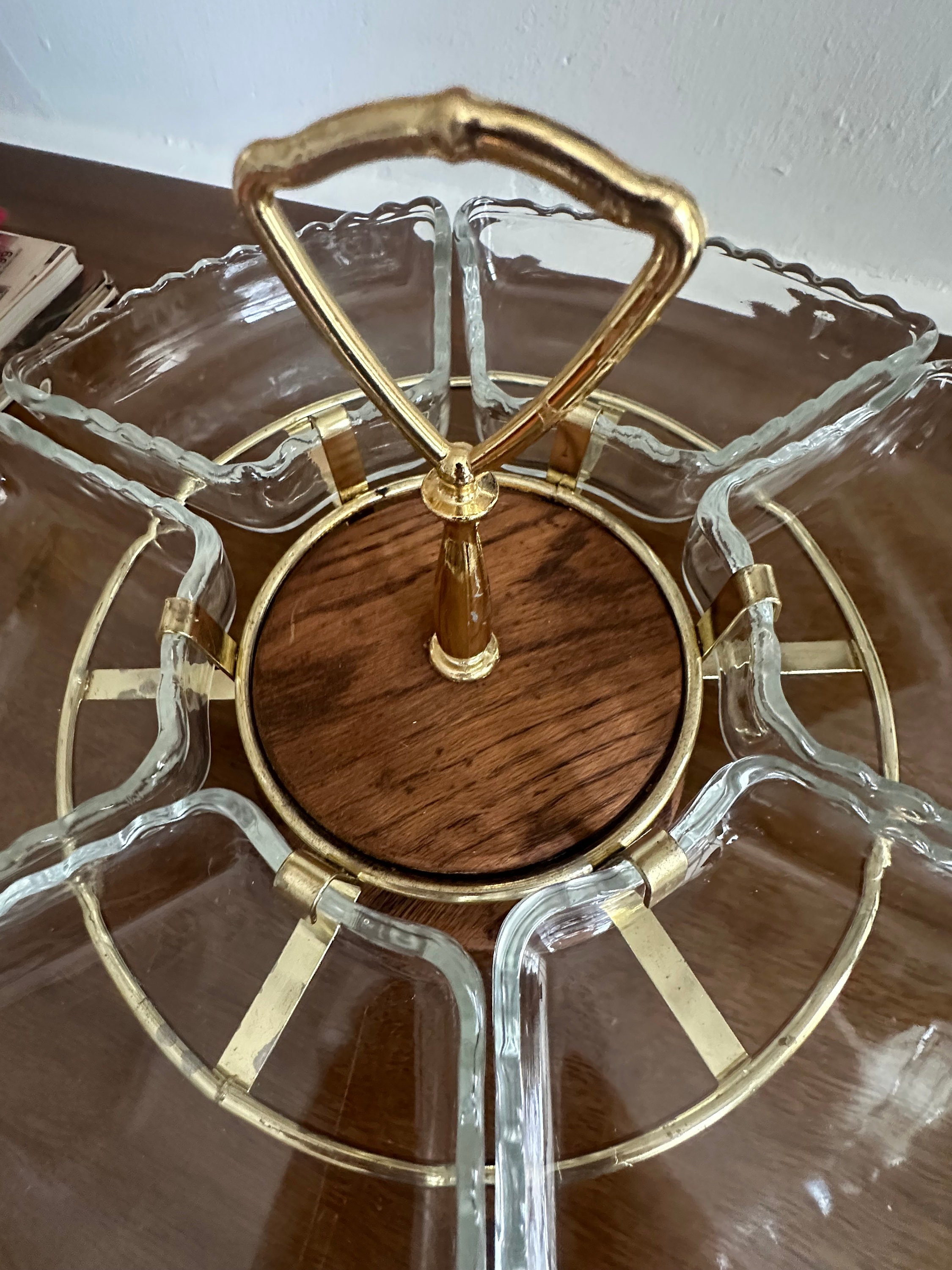 Vintage MCM Retro Lazy Susan Glass Wood Serving Tray - Etsy