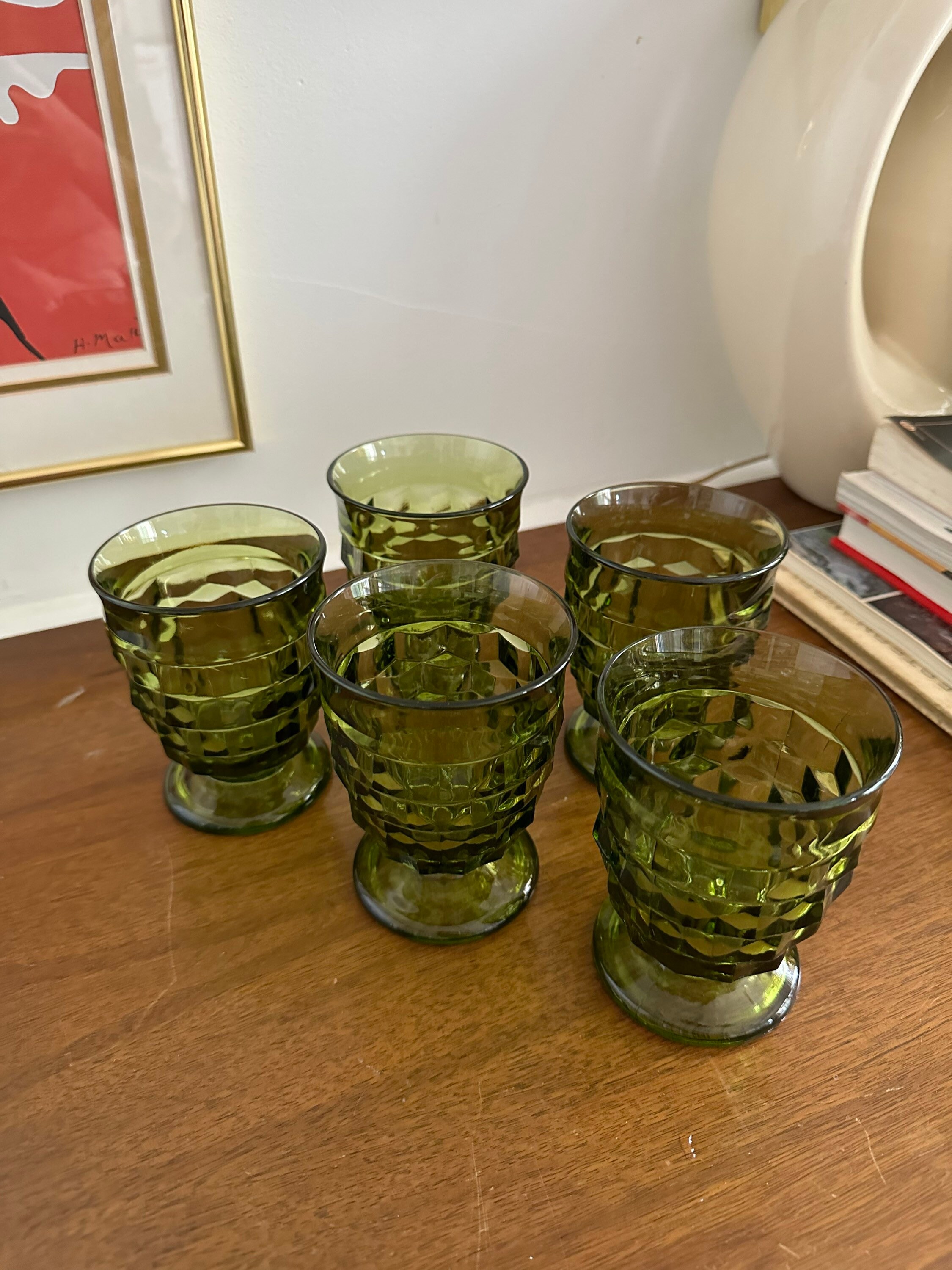 Vintage Mid Century Whitehall Stacked Cubes Avocado Green Juice Glasses ...
