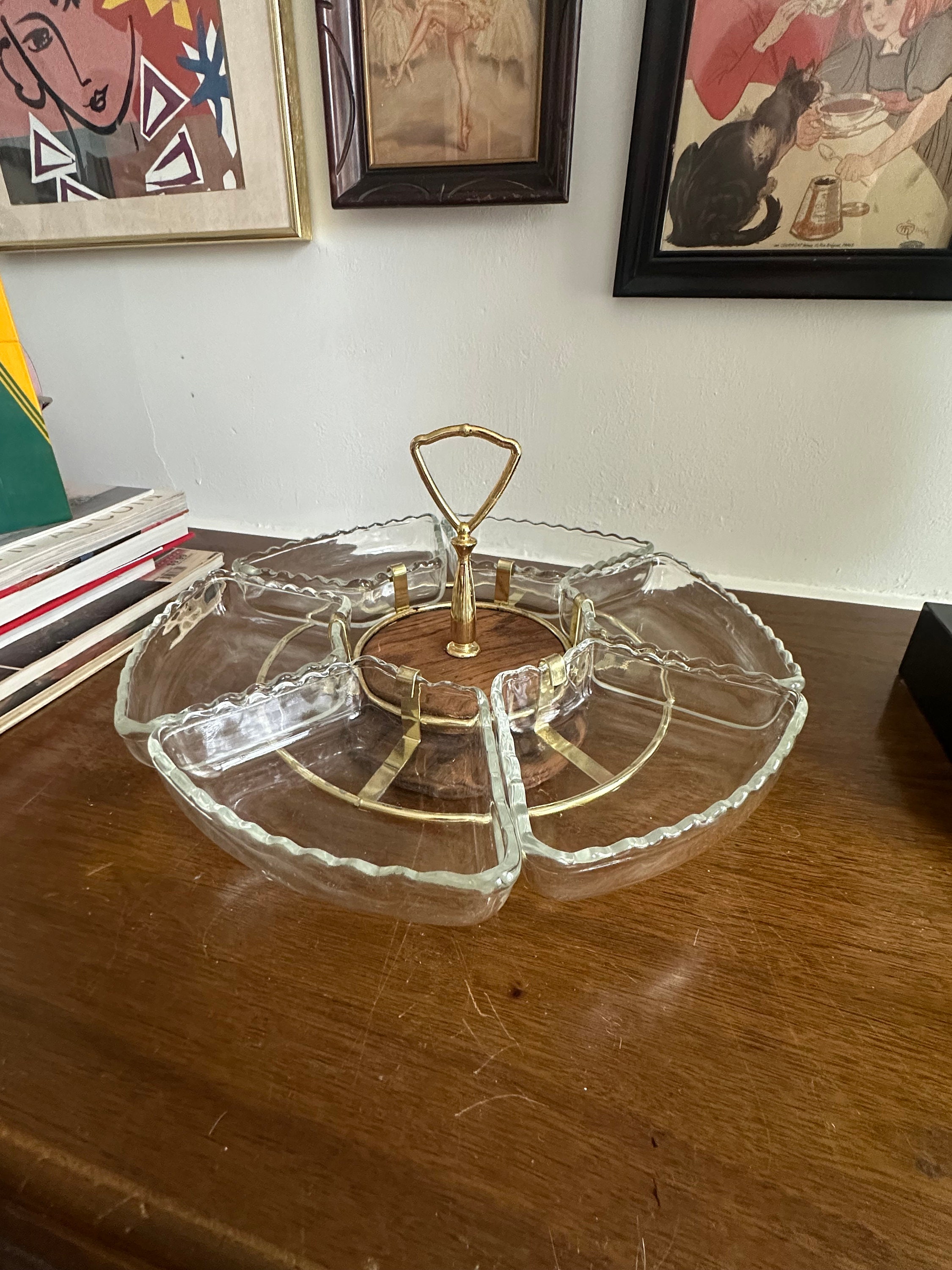 Vintage MCM Retro Lazy Susan Glass Wood Serving Tray - Etsy