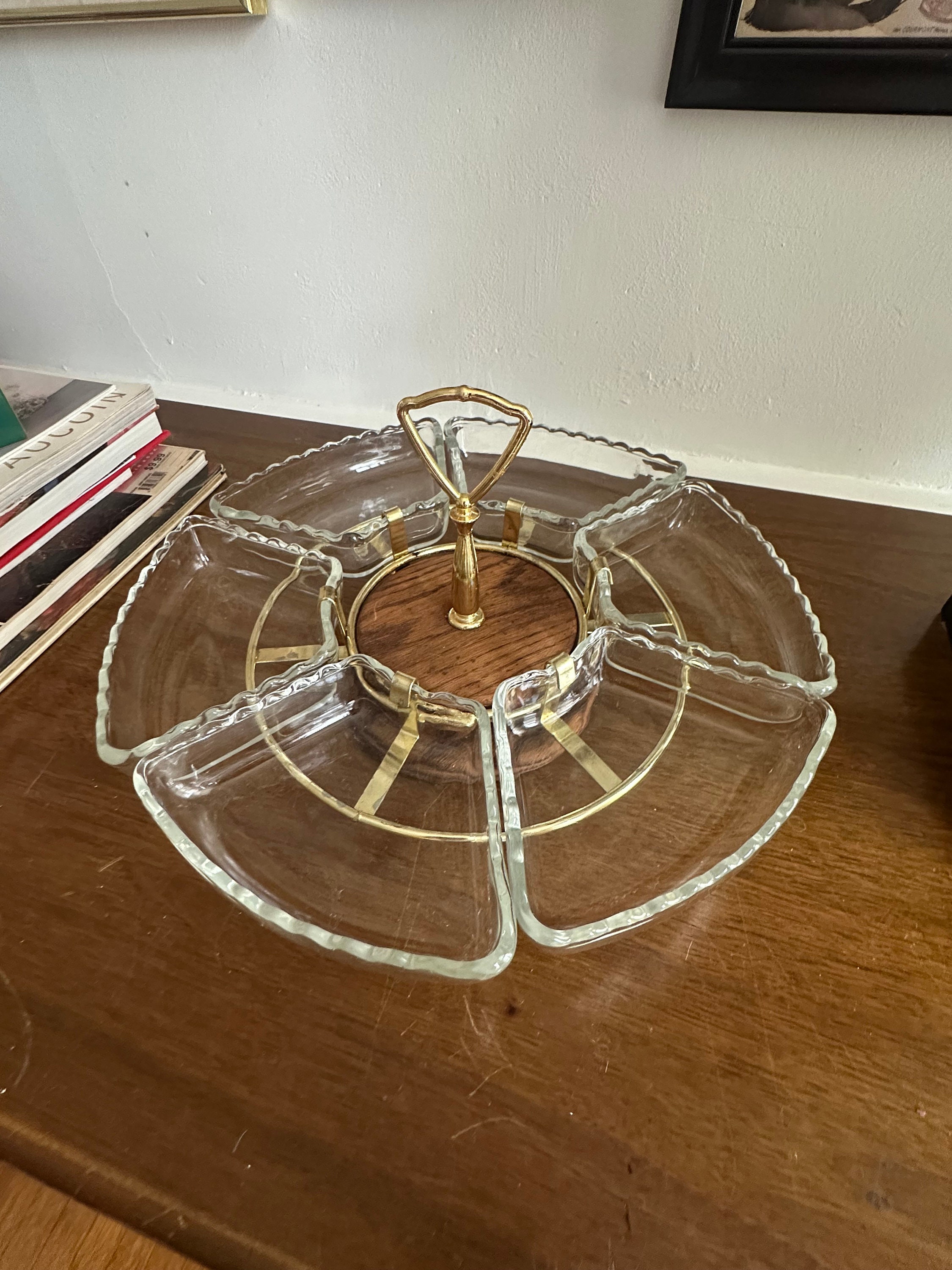 Vintage MCM Retro Lazy Susan Glass Wood Serving Tray - Etsy