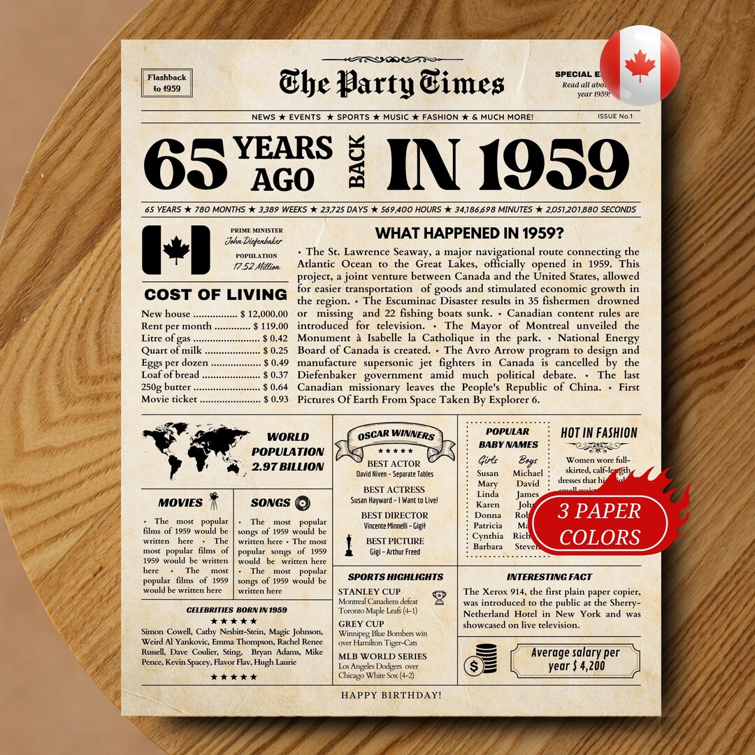 1959 Poster Canada, 65th Birthday Gift for Men or Women, 1959 Newspaper ...