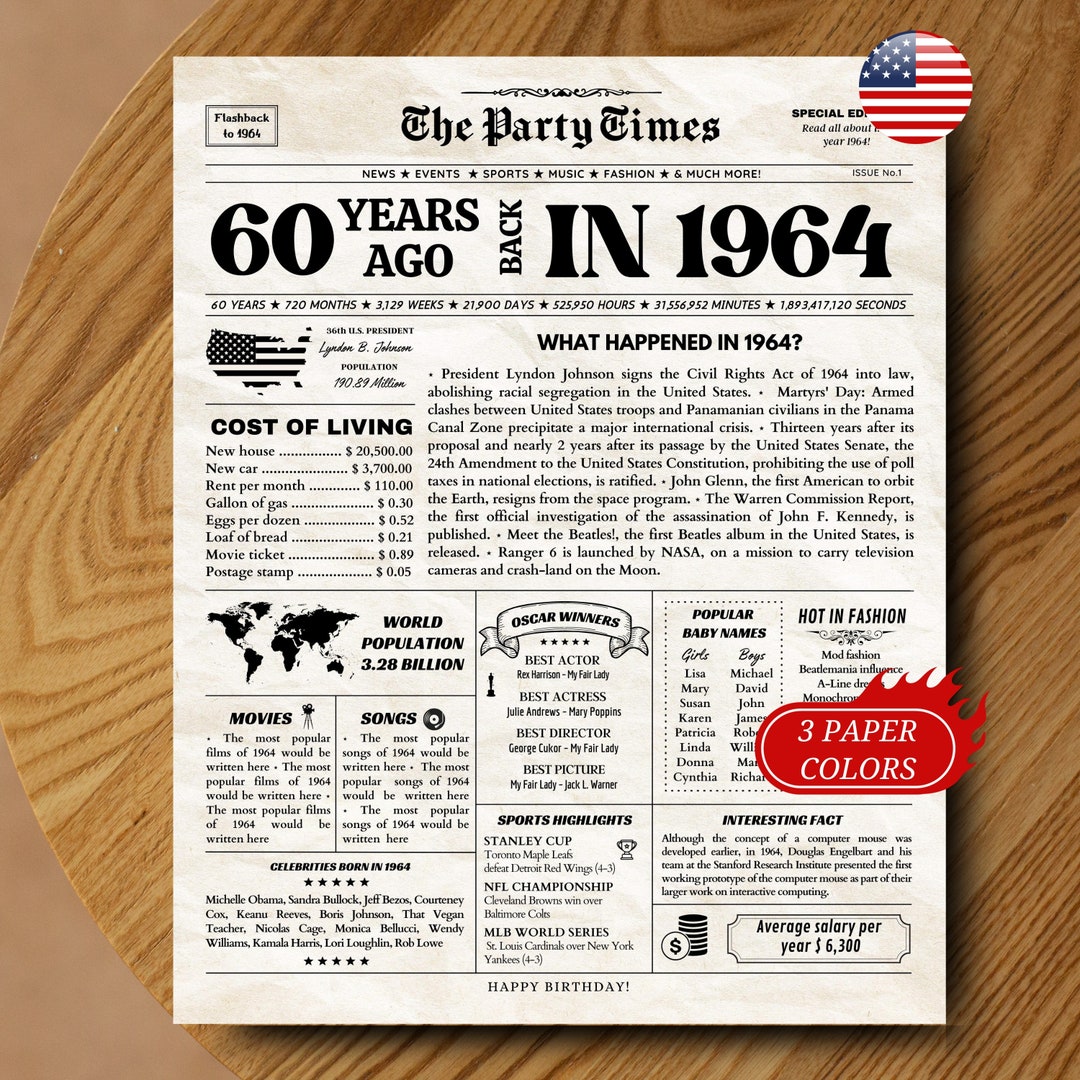 60th Birthday Newspaper Sign 1964, 60th Birthday Gift for Men or Women ...