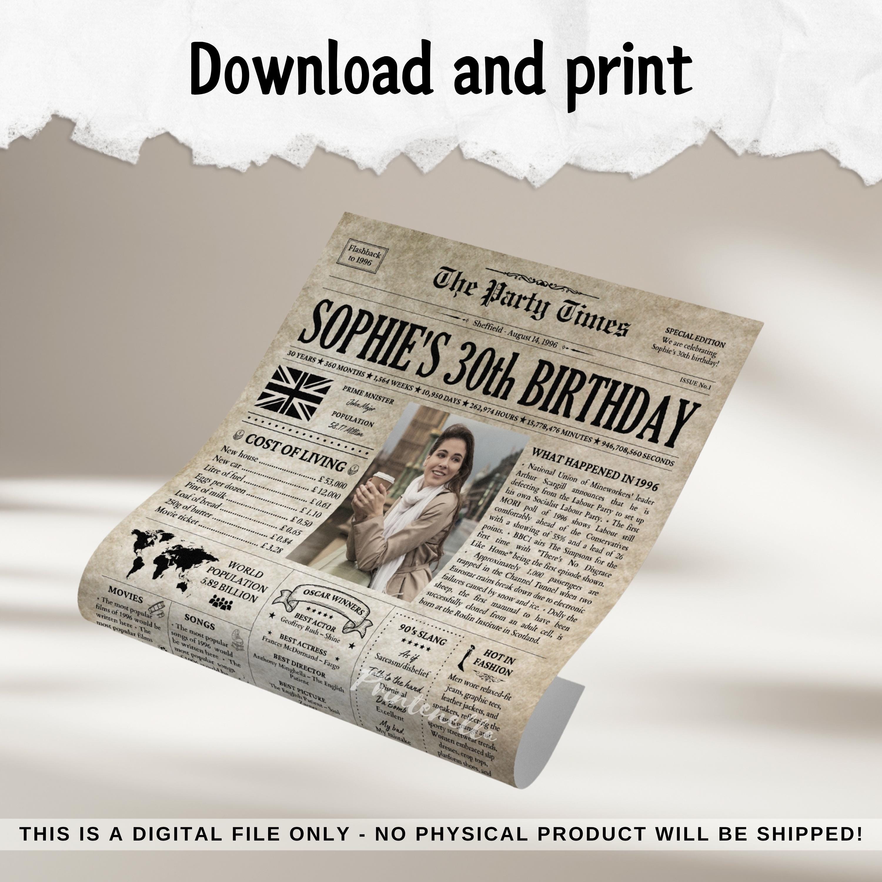 1996 30th Birthday Newspaper Poster UK, 30th Birthday Gift for Her or ...