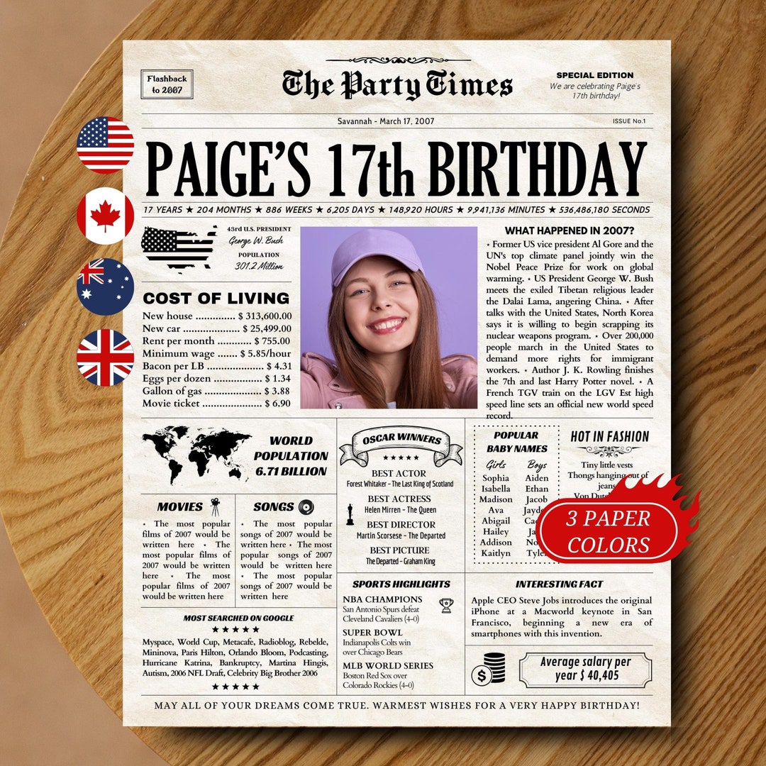 17th Birthday Newspaper Sign, 2007 Poster, 17th Birthday Gift for Her ...