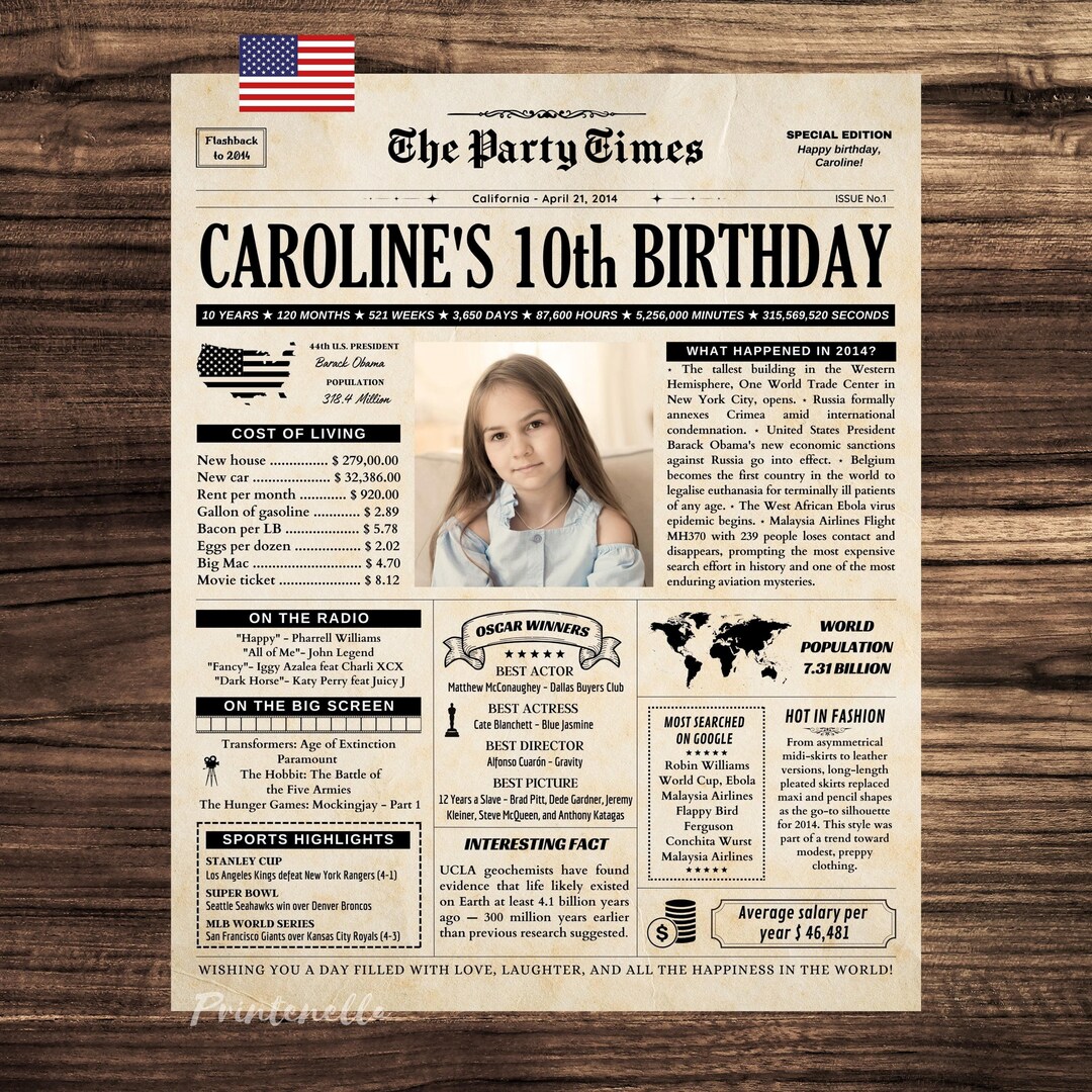 10th Birthday Newspaper Poster, Personalized 10th Birthday Gift, Born ...