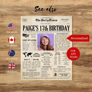 17th Birthday Newspaper Poster Sign PRINTABLE, 17 Years Ago Back in ...