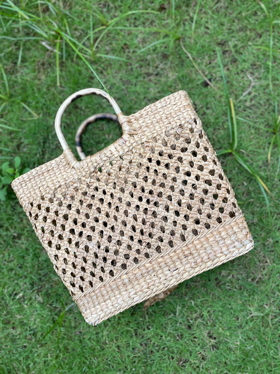 Handwoven Water Hyacinth Jali Basket Bag With Cane Handles (36 Cm) - Etsy