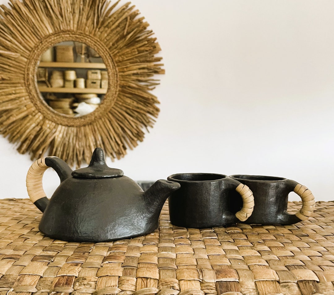 Longpi Black Pottery 100% Natural Tea Set - 1 Teapot + 2 Tea Cups ...