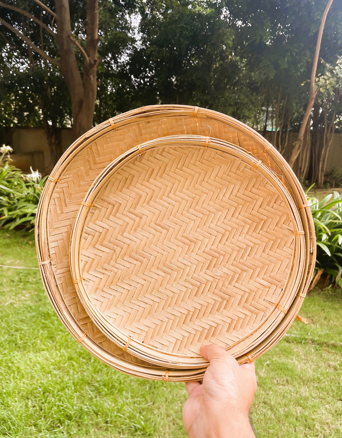 Handmade Bamboo Flat Basket Set of 2 Assam Artistry - Etsy