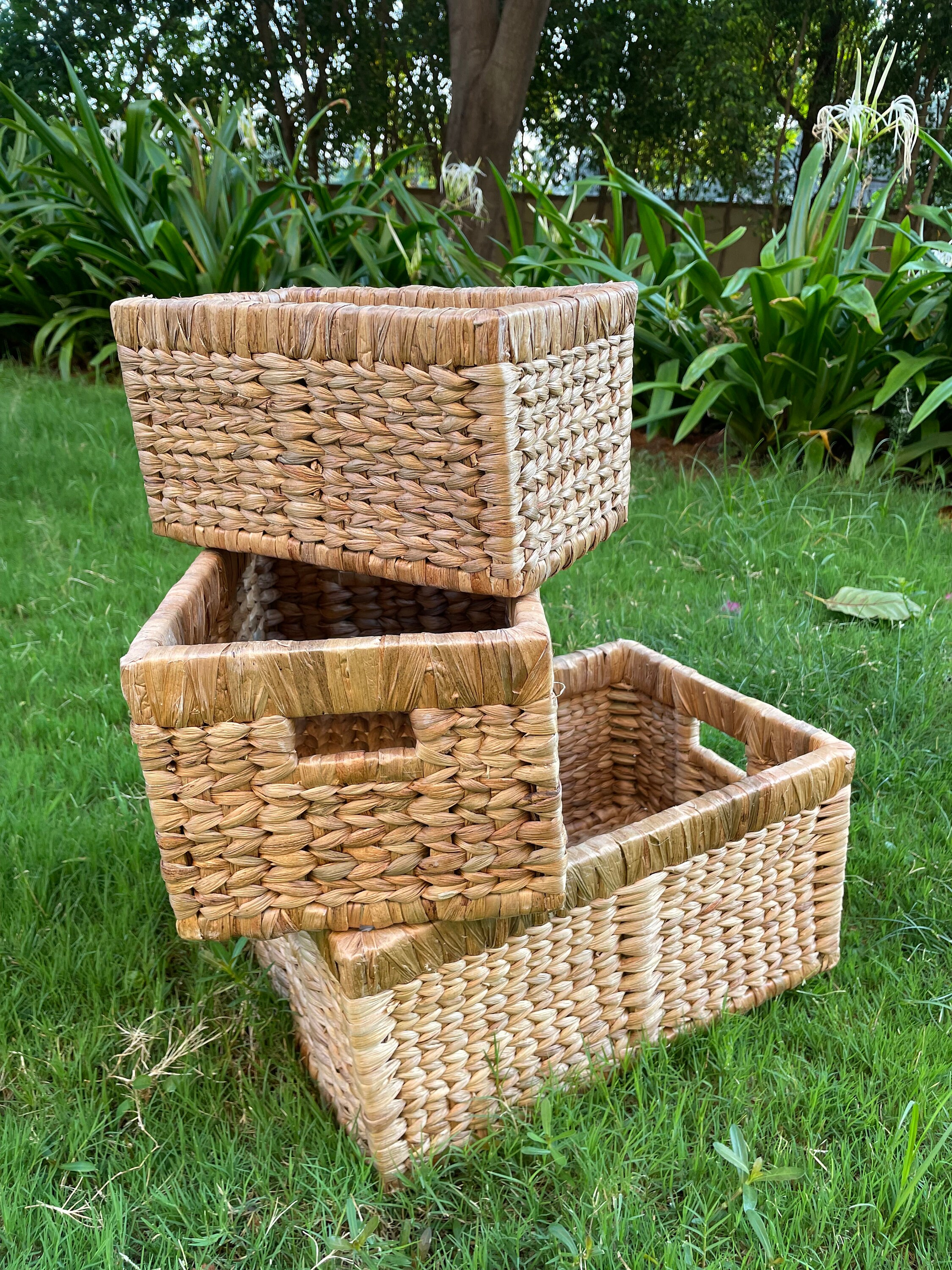 Water Hyacinth Multi-utility Basket Set of Three With Wooden Frame ...