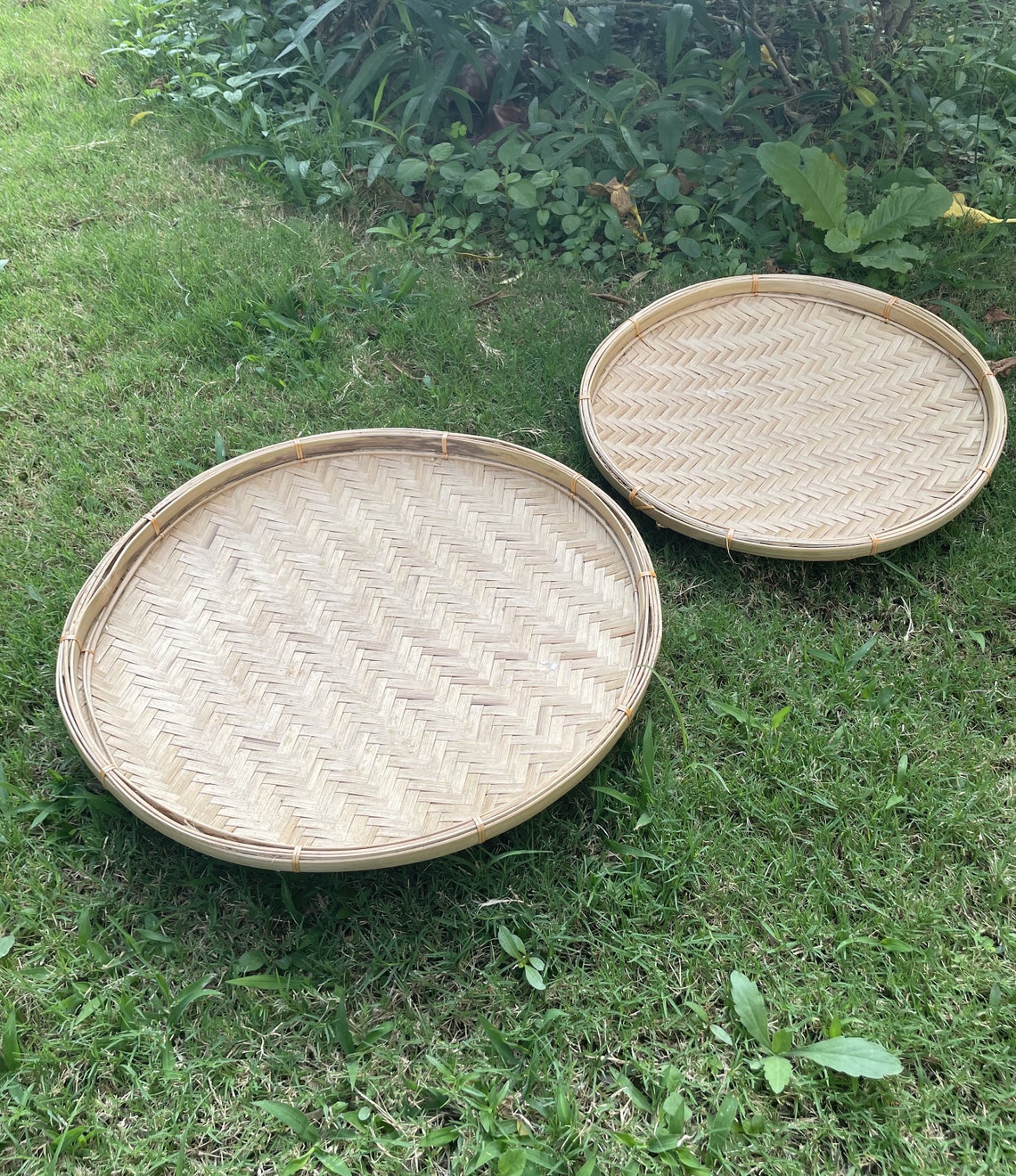 Handmade Bamboo Flat Basket Set of 2 - Assam Artistry - Etsy