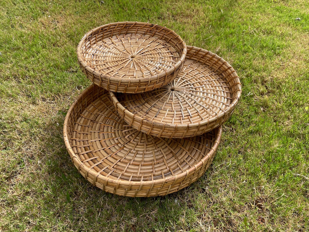 Handmade Round Cane Tray Set - Rustic Elegance for Home Deco - Etsy