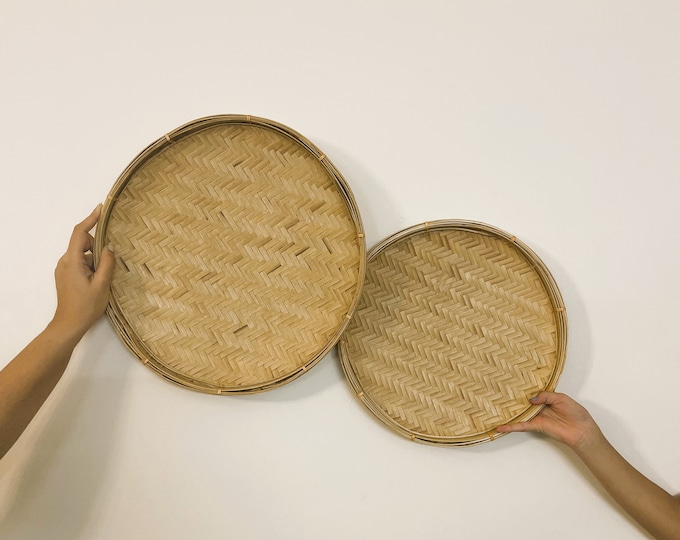 Handmade Bamboo Flat Basket Set of 2 Assam Artistry - Etsy