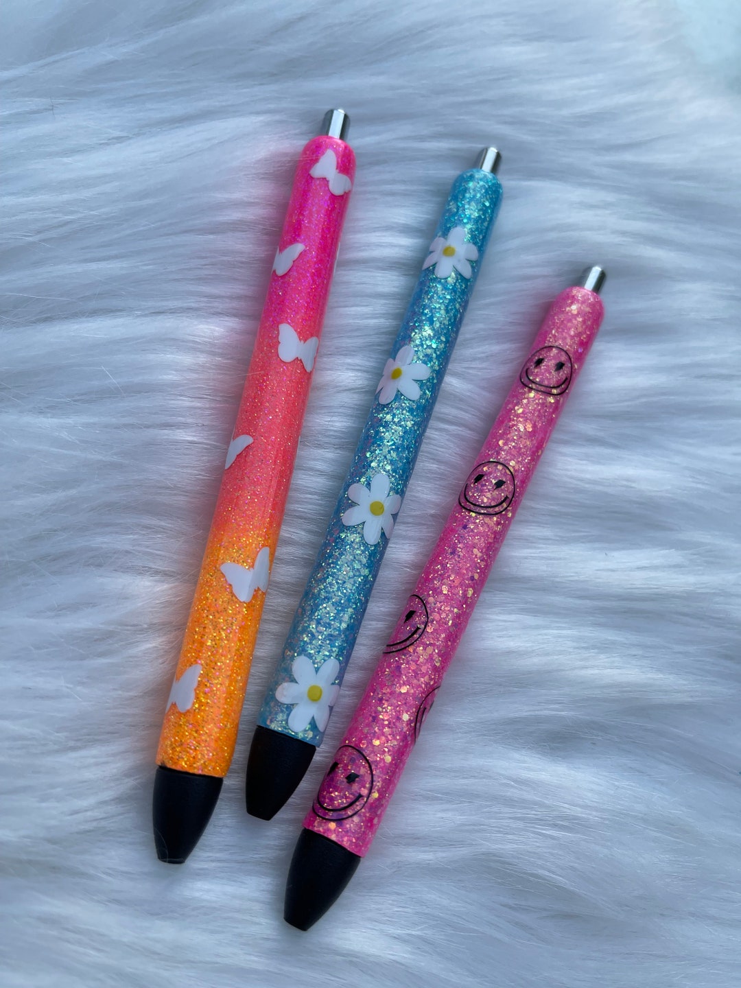 Epoxy Glitter Pens, Butterfly Pen, Flower Pen, Smiley Face Retro Pens ...