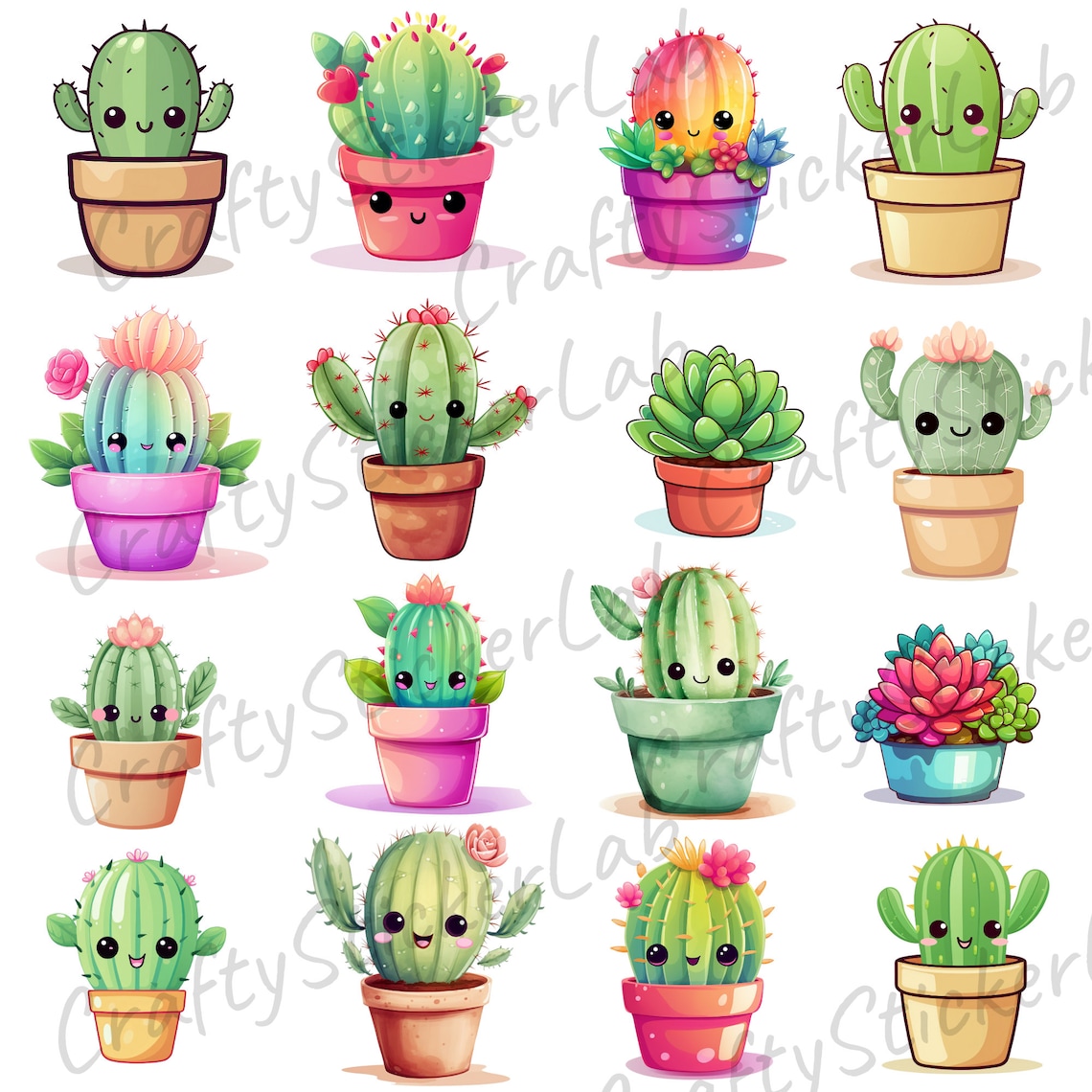 Cute Cactuses Sticker Bundle Kawaii Cactus Stickers Cactus Clipart ...