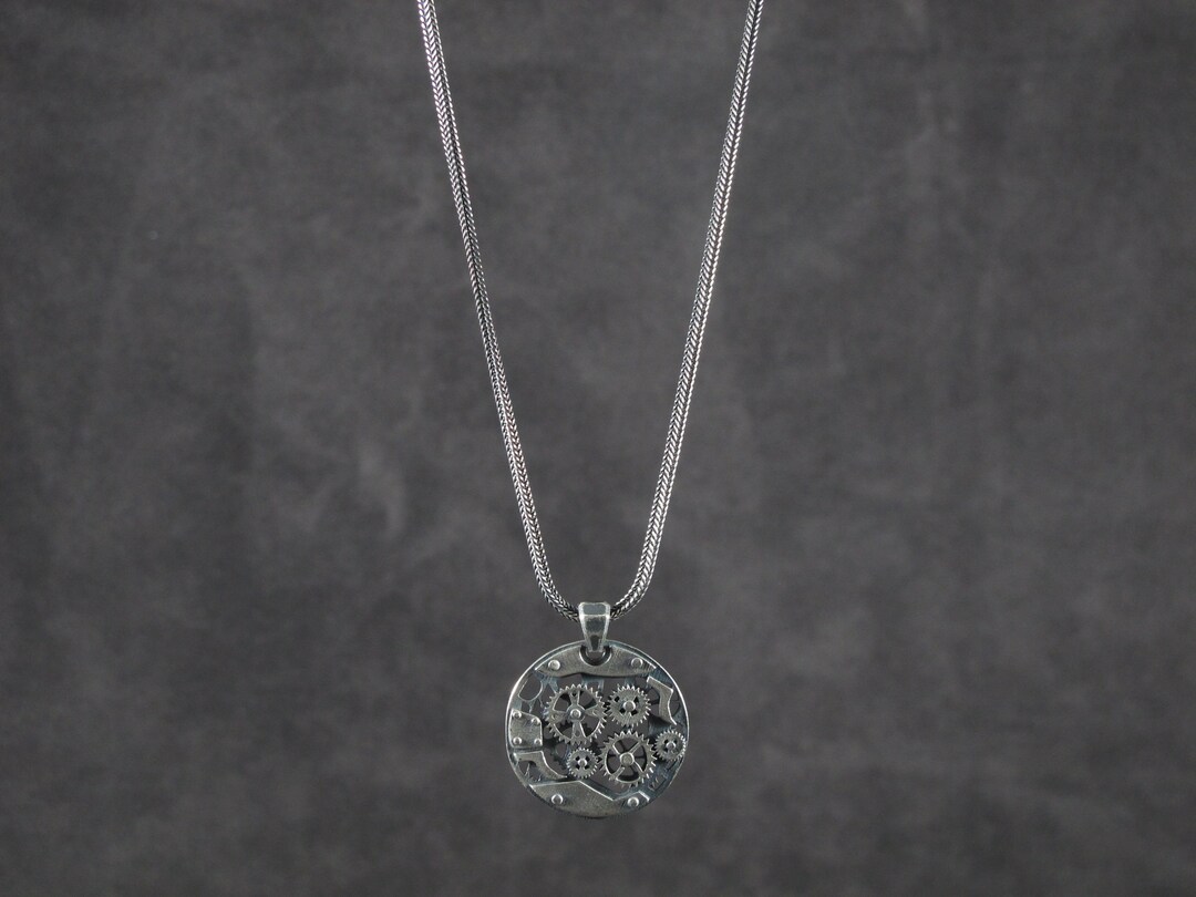 Clock Mechanism Necklace, Sterling Silver, Men's Silver Pendant, Clock ...
