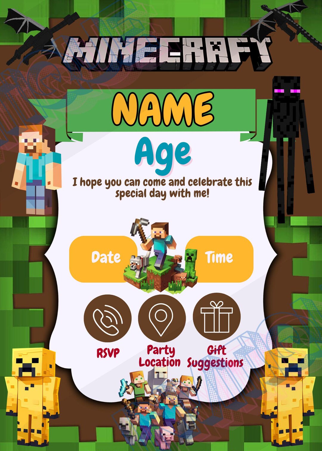 Minecraft Theme, Digital Birthday Party Invitation, Kids, Interactive ...