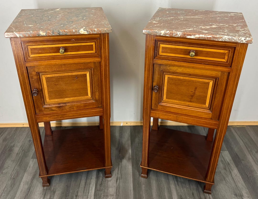 French Antique Marble Top Bedside Tables Cabinets Vintage Pair ...