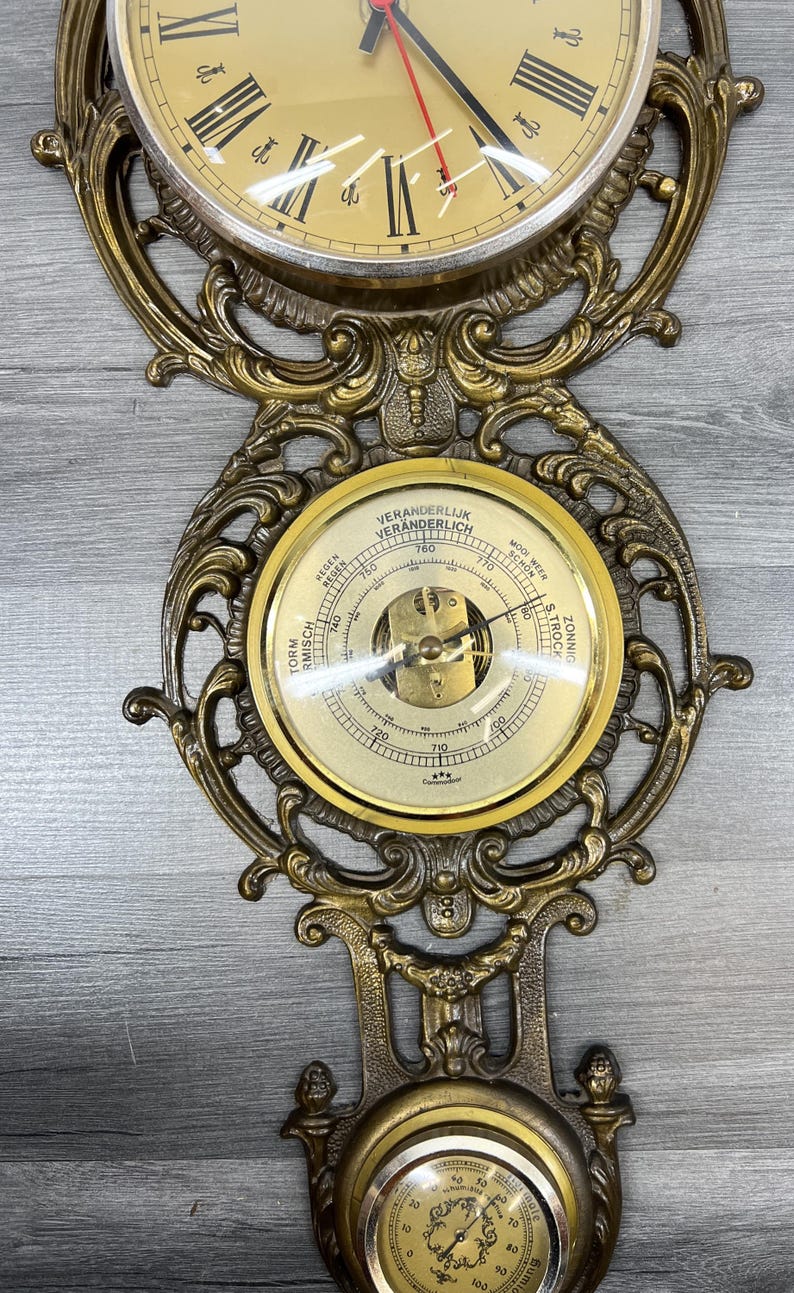 Vintage French Brass Wall Barometer | Weather Station With Clock ...