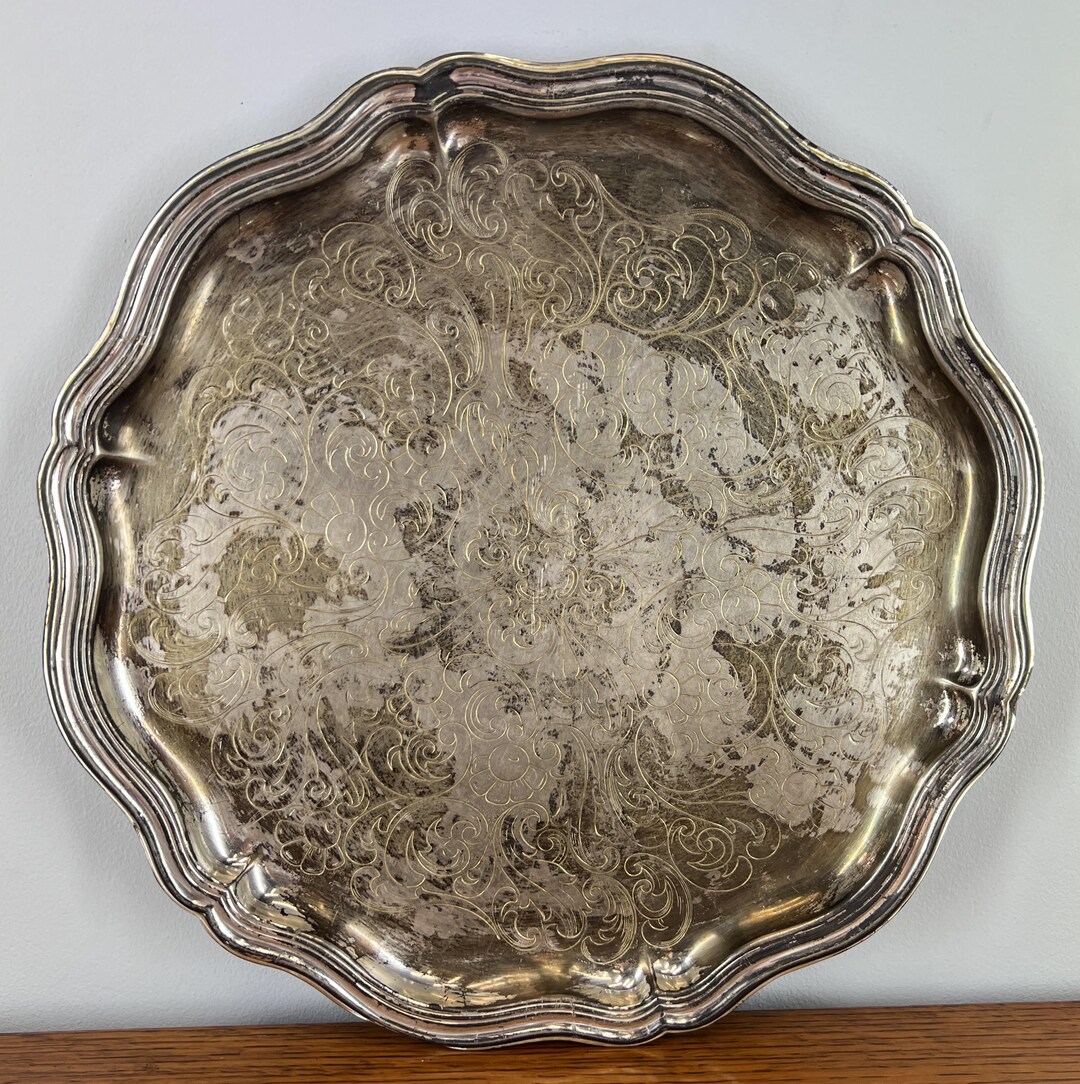 Vintage Silver Plated Platter | Floral Engraved Tray | Scalloped Rim ...