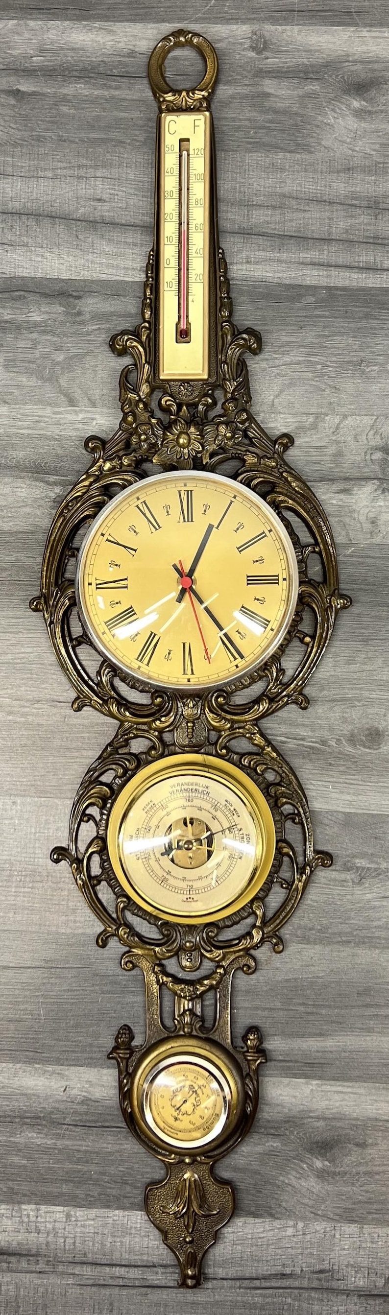 Vintage French Brass Wall Barometer | Weather Station With Clock ...