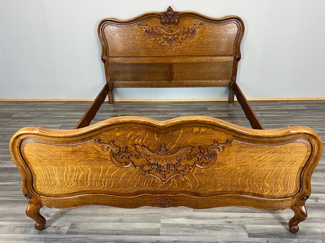 French Oak Bed Frame | Vintage French Double Wooden Bed | Carved ...