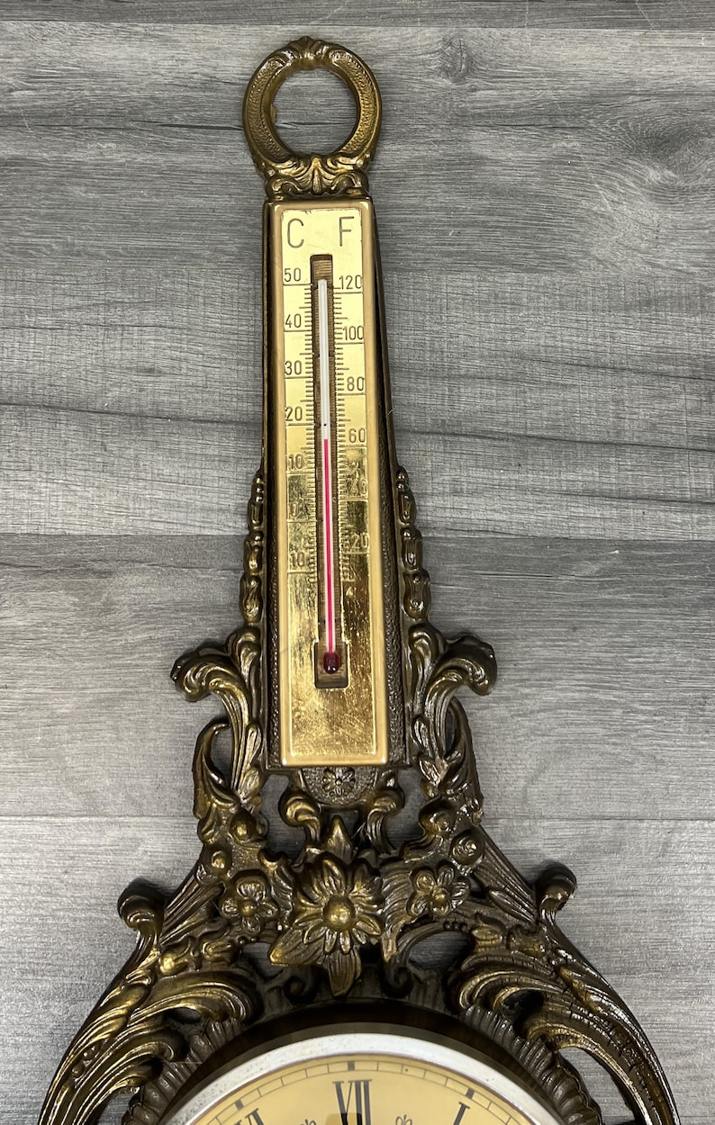 Vintage French Brass Wall Barometer | Weather Station With Clock ...