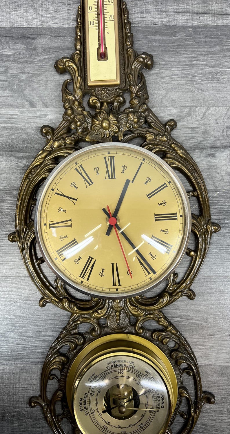 Vintage French Brass Wall Barometer | Weather Station With Clock ...