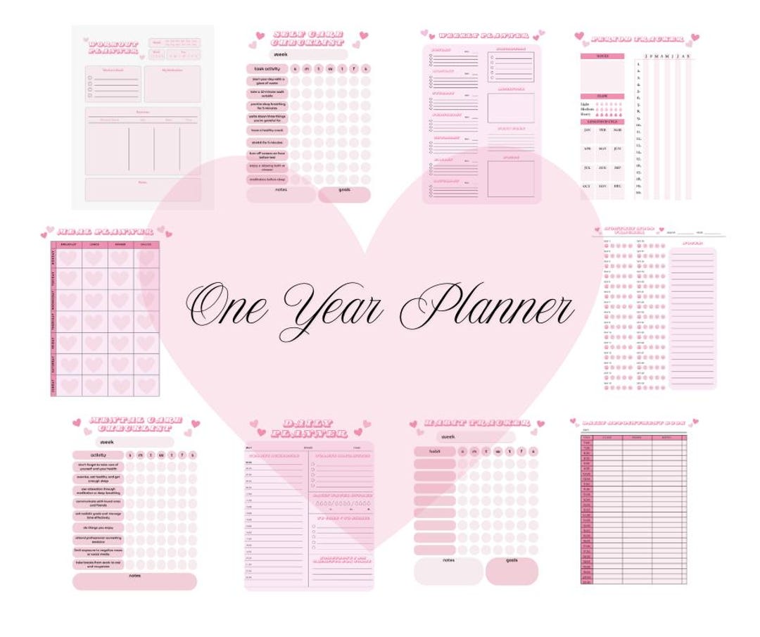 One Year Planner in Pink Digital Printable Planner - Wellbeing Journal ...