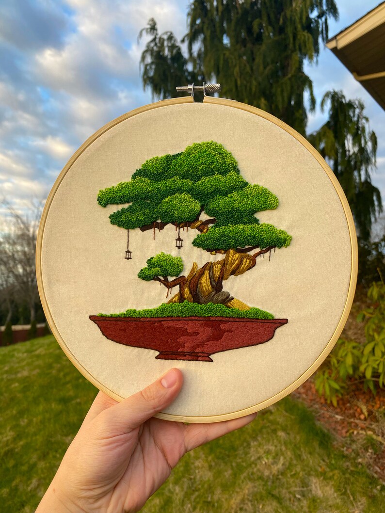 Embroidery Pattern & Guide: Bonsai Tree With Lanterns - Thread Painting ...