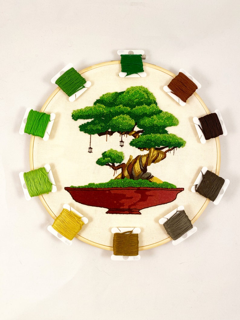 Embroidery Pattern & Guide: Bonsai Tree With Lanterns - Thread Painting ...