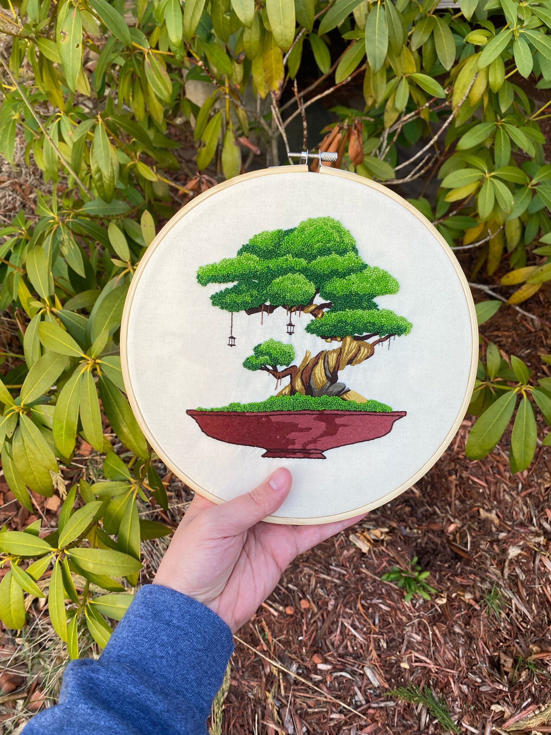 Embroidery Pattern & Guide: Bonsai Tree With Lanterns - Thread Painting ...