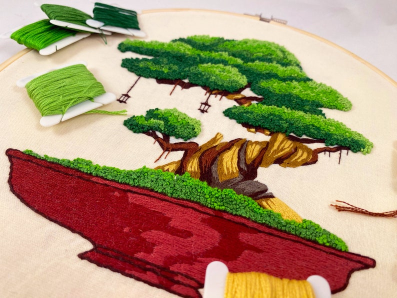 Embroidery Pattern & Guide: Bonsai Tree With Lanterns - Thread Painting ...