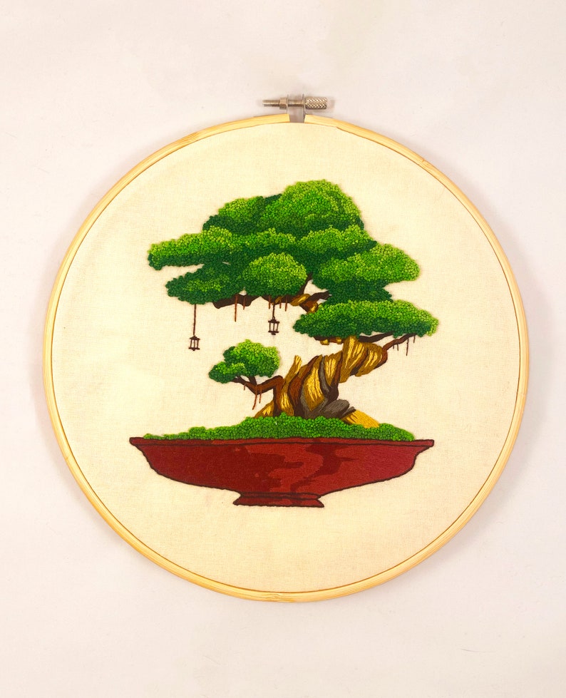 Embroidery Pattern & Guide: Bonsai Tree With Lanterns - Thread Painting ...
