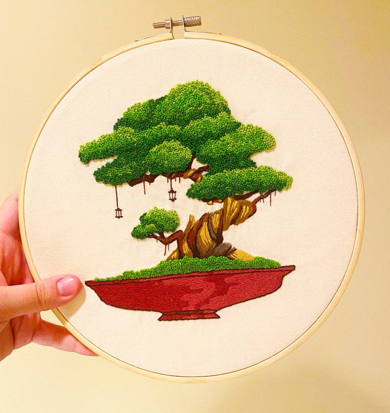Embroidery Pattern & Guide: Bonsai Tree With Lanterns - Thread Painting ...