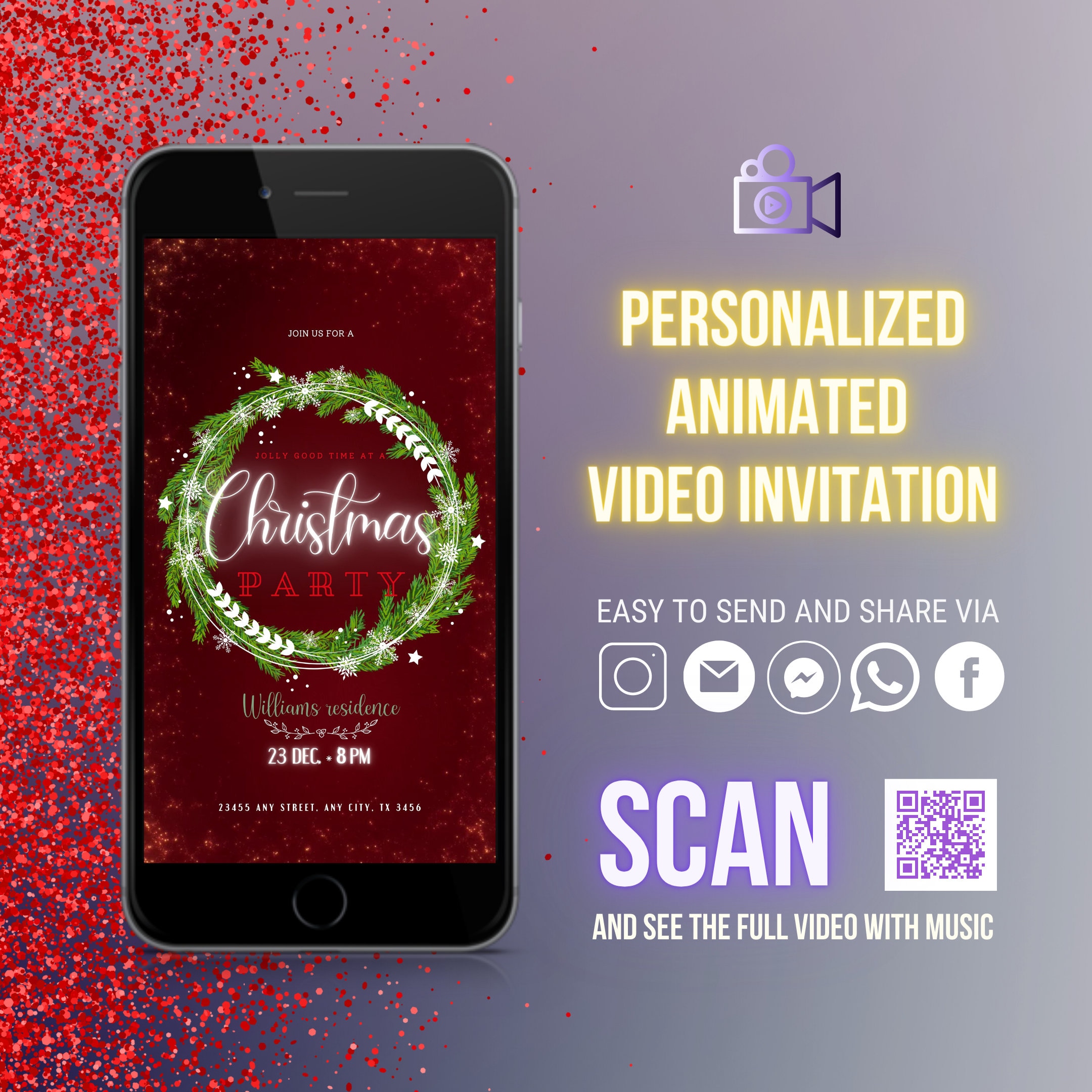 Christmas Eve Party Digital Video Invitation, Personalized, Instant ...