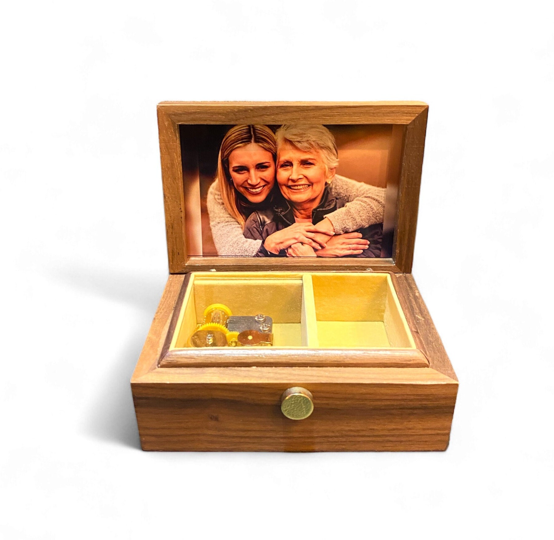 Walnut Wind-up Music Box Custom Engraving Custom Photo Compartment for ...