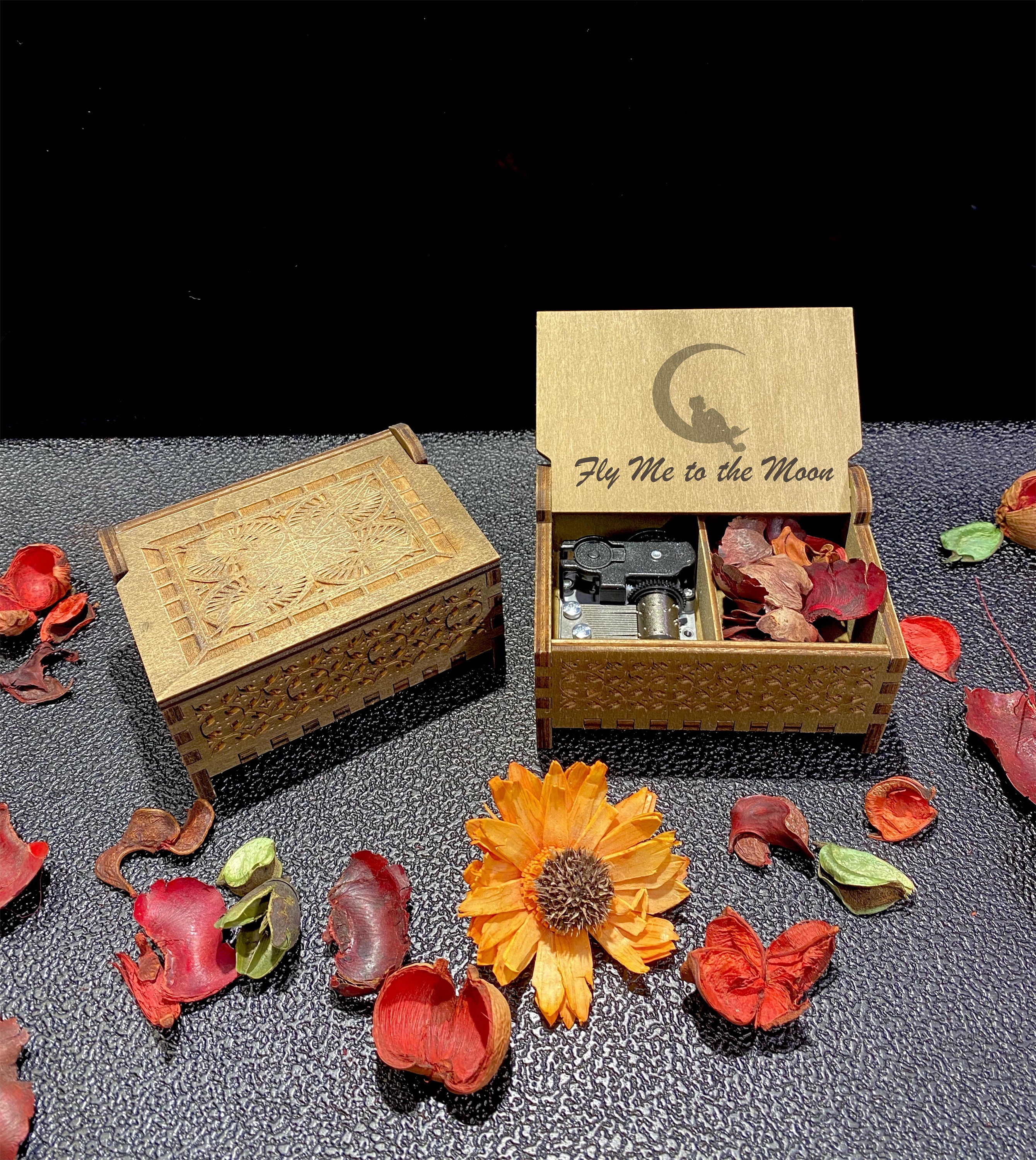 Fly Me to the Moon Music Box Custom Engraving Wind-up & Hand-crank ...