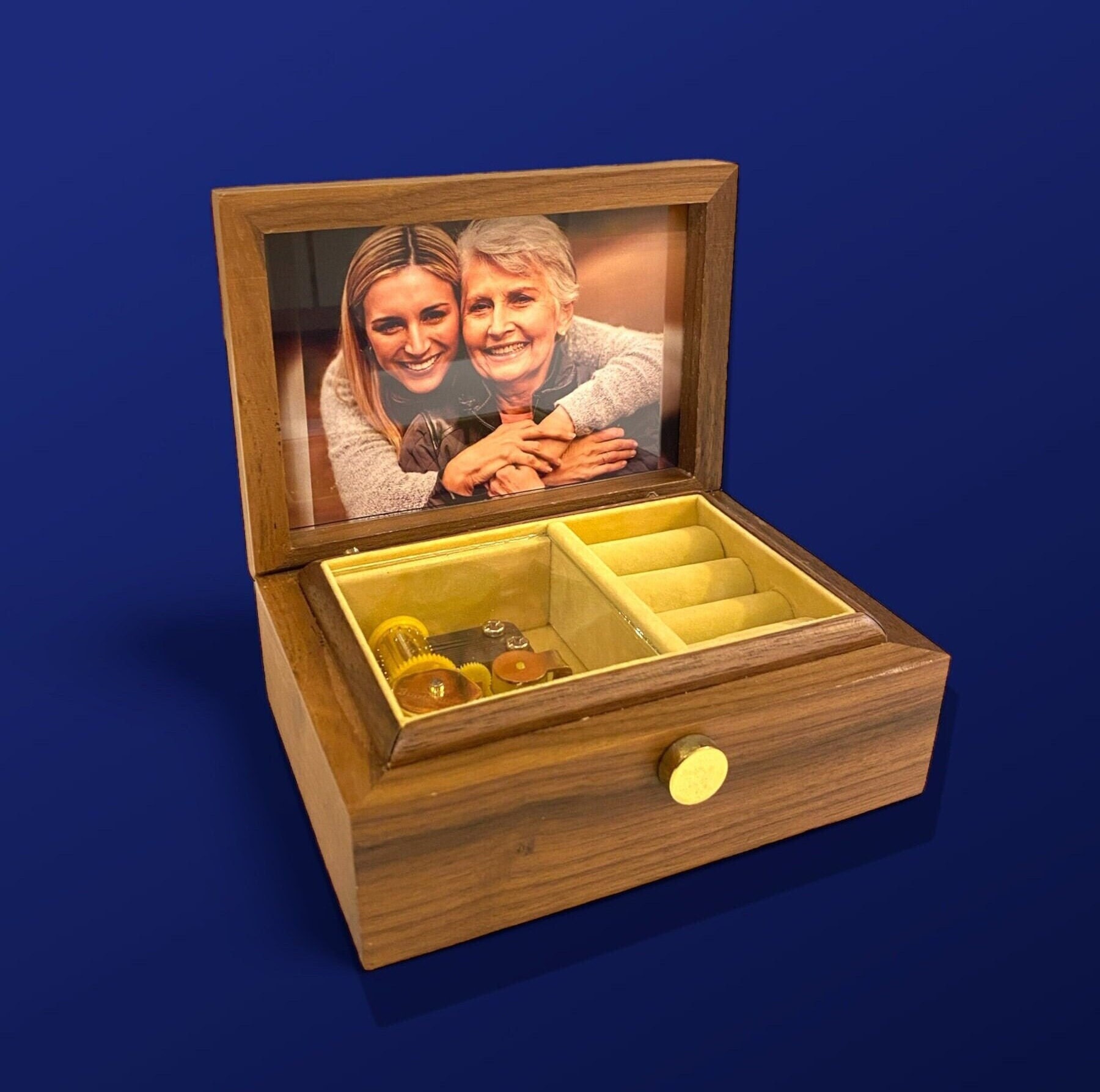 Walnut Wind-up Music Box Custom Engraving Custom Photo Compartment for ...