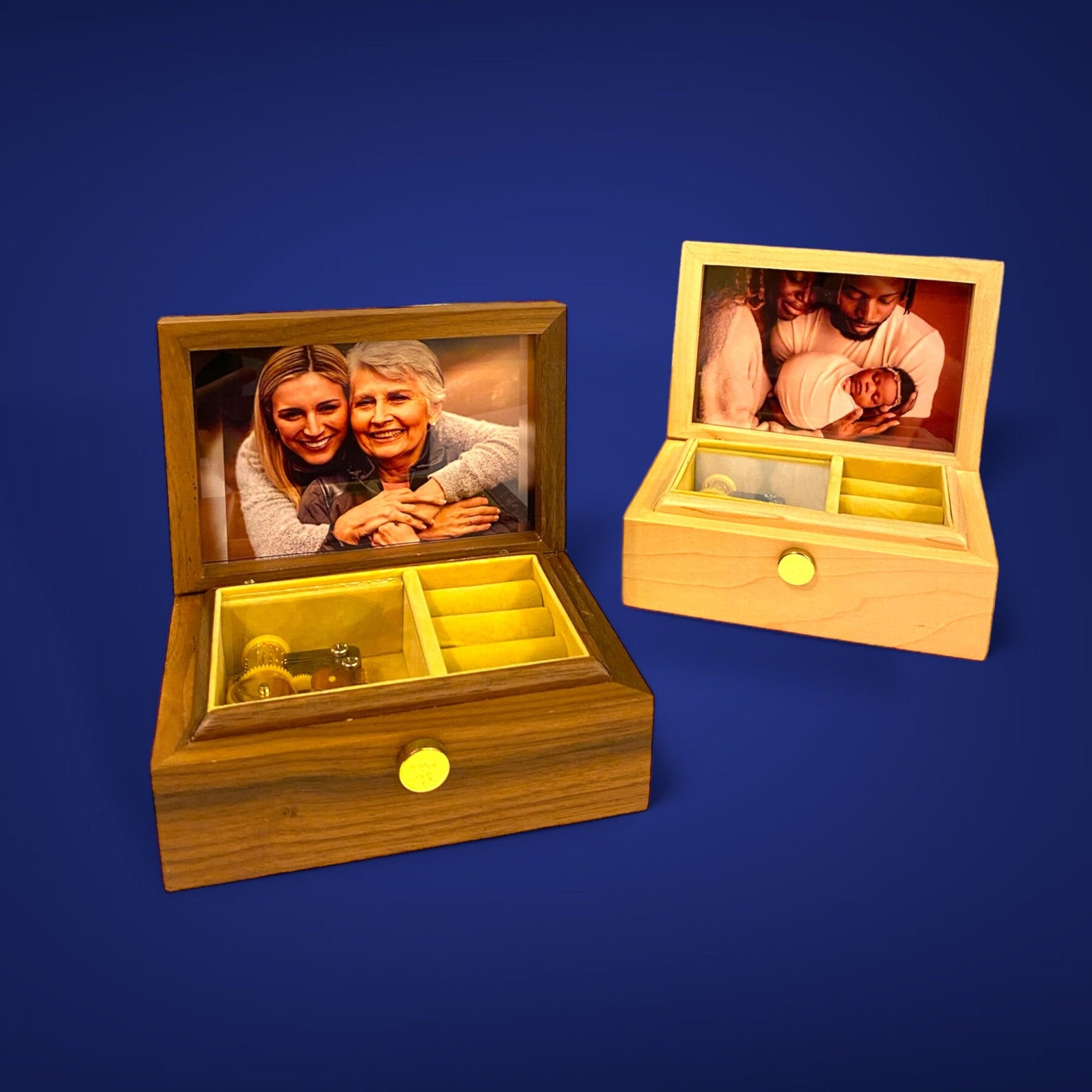 Walnut Wind-up Music Box Custom Engraving Custom Photo Compartment for ...