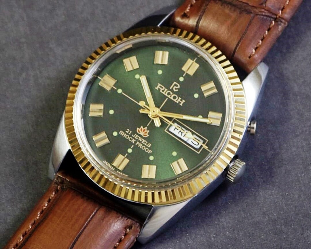 Unused Vintage Ricoh Japan Automatic R31 Mens Wrist Watch Green Dial ...