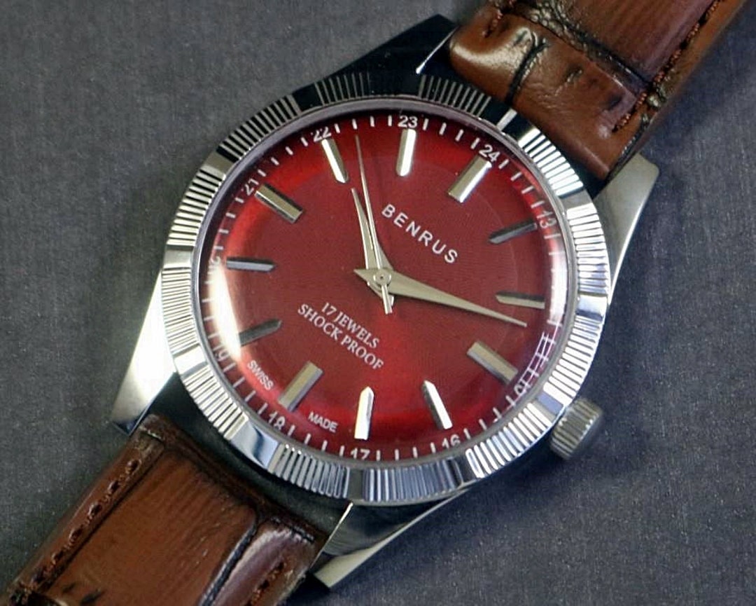 Vintage Benrus Swiss Made Mens Wrist Watch Red Dial Mechanical Hand ...