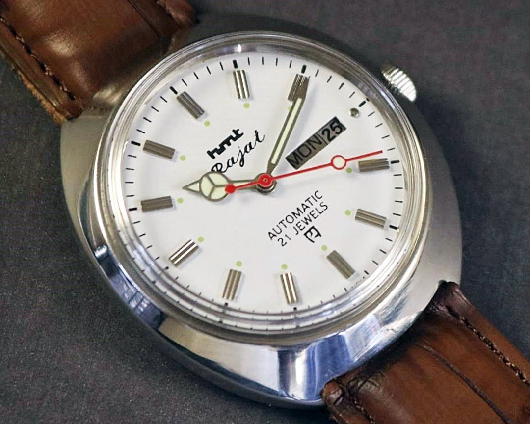 Vintage HMT Rajat White Dial Mens Wrist Watch Mechanical Automatic Day ...