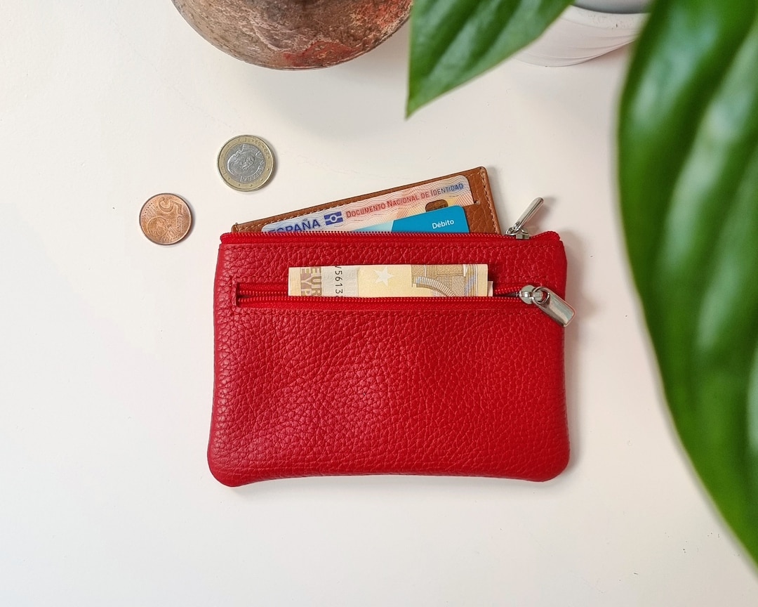 Leather Purse Wallet With Zipper, Red Leather Coin Pouch, Zip Leather ...