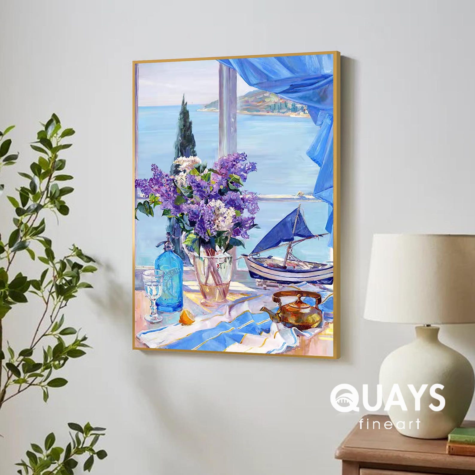 Mediterranean Purple Flower Window Oil Painting Open Window With Blue ...