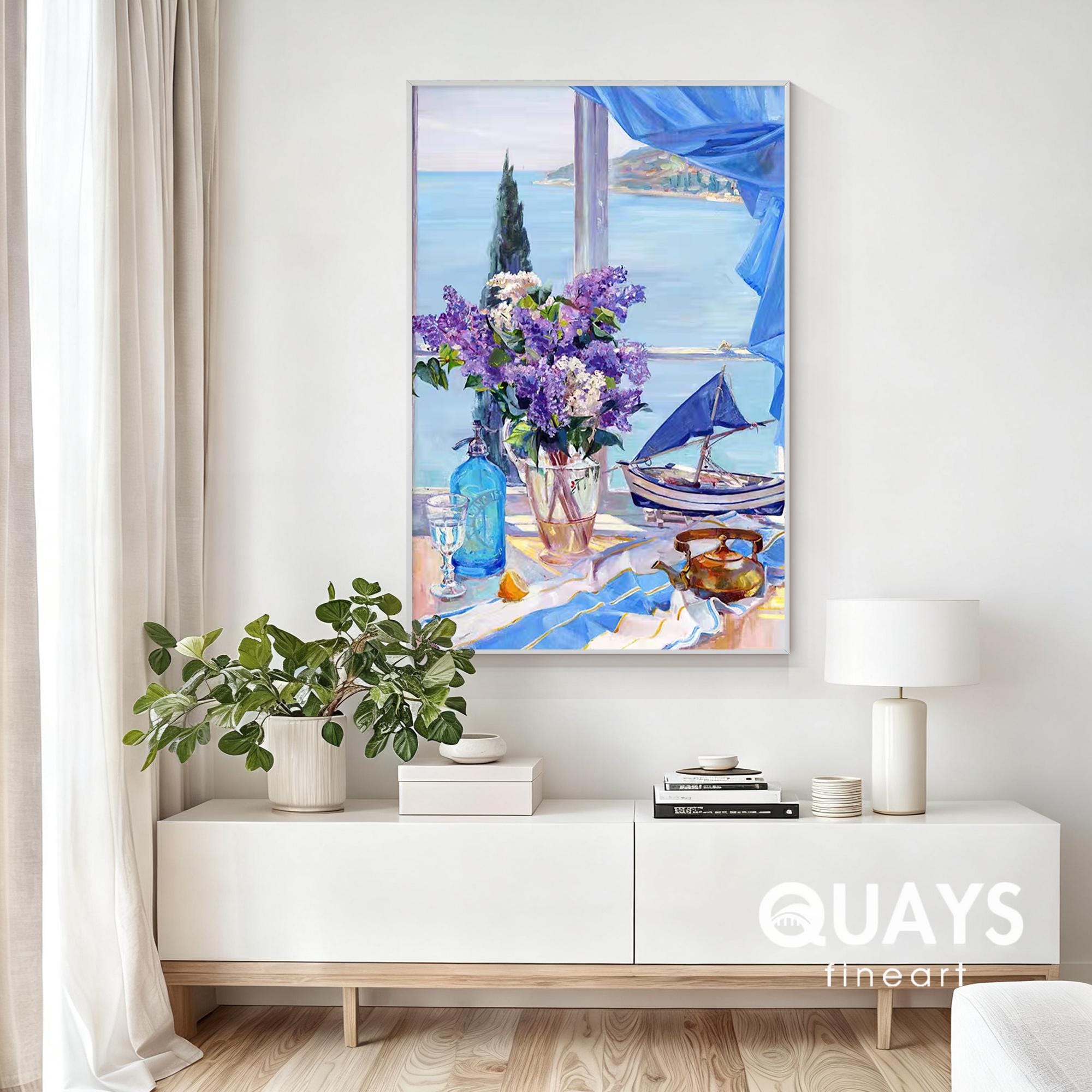 Mediterranean Purple Flower Window Oil Painting Open Window With Blue ...